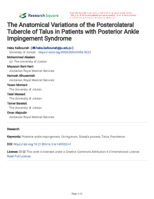 (PDF) The Anatomical Variations of the Posterolateral Tubercle of Talus ...