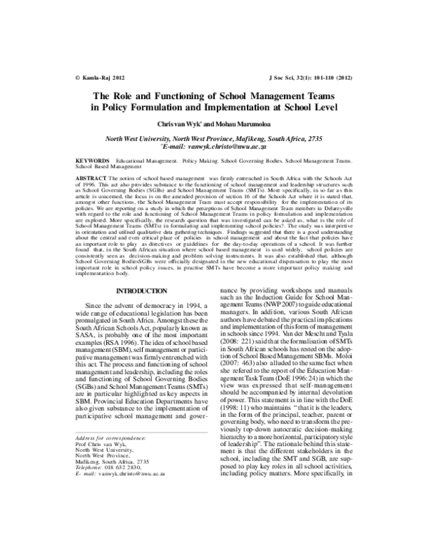 (PDF) The Role and Functioning of School Management Teams in Policy Formulation and ...