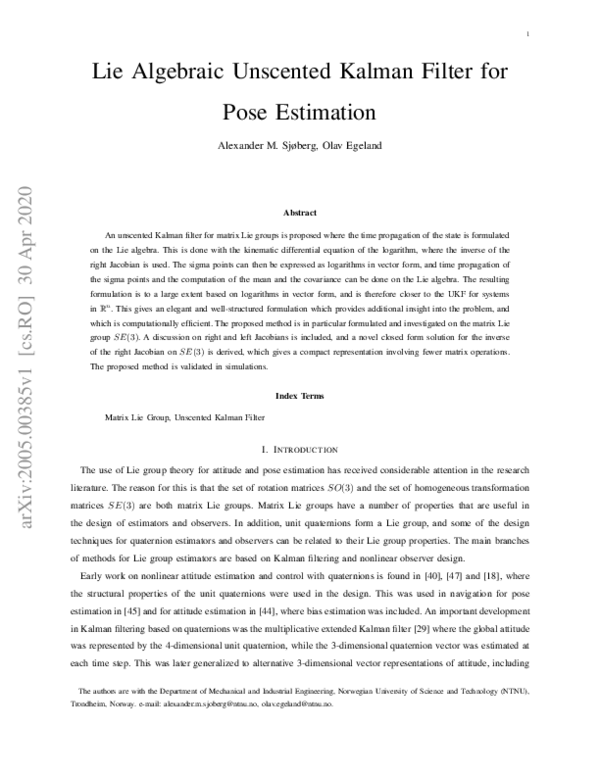 Pdf Lie Algebraic Unscented Kalman Filter For Pose Estimation Olav Egeland