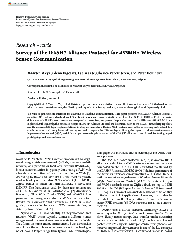 (PDF) Survey of the DASH7 Alliance Protocol for 433 MHz Wireless Sensor ...