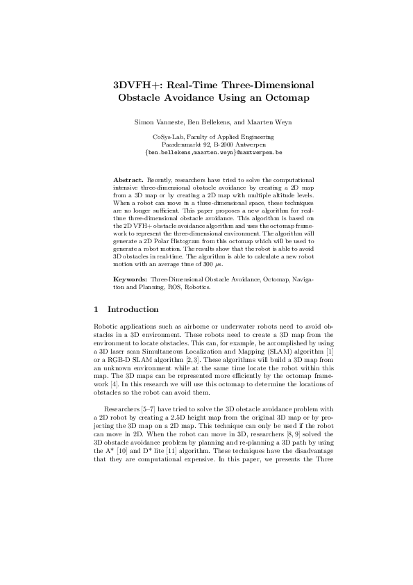 Pdf 3dvfh Real Time Three Dimensional Obstacle Avoidance Using An Octomap 