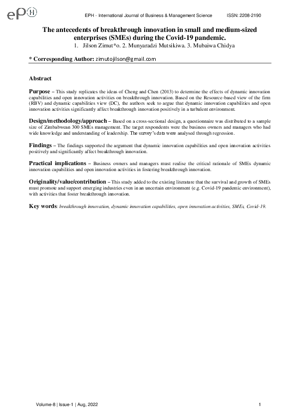 (PDF) The Antecedents of Breakthrough Innovation in Small and Medium-Sized Enterprises (Smes ...