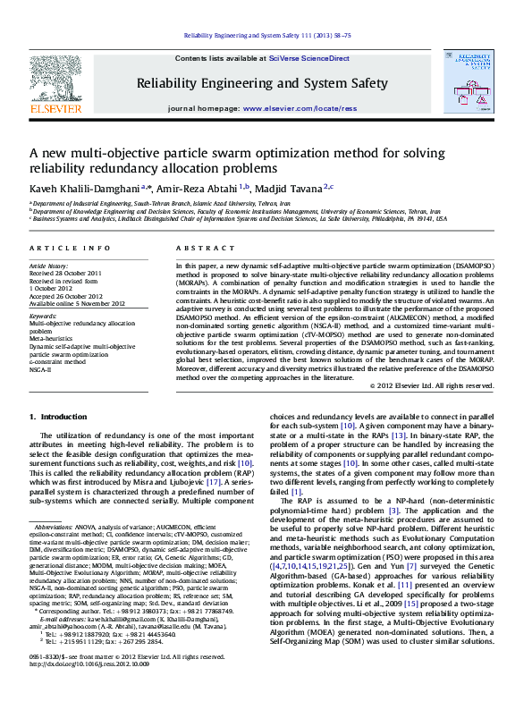 Pdf A New Multi Objective Particle Swarm Optimization Method For Solving Reliability