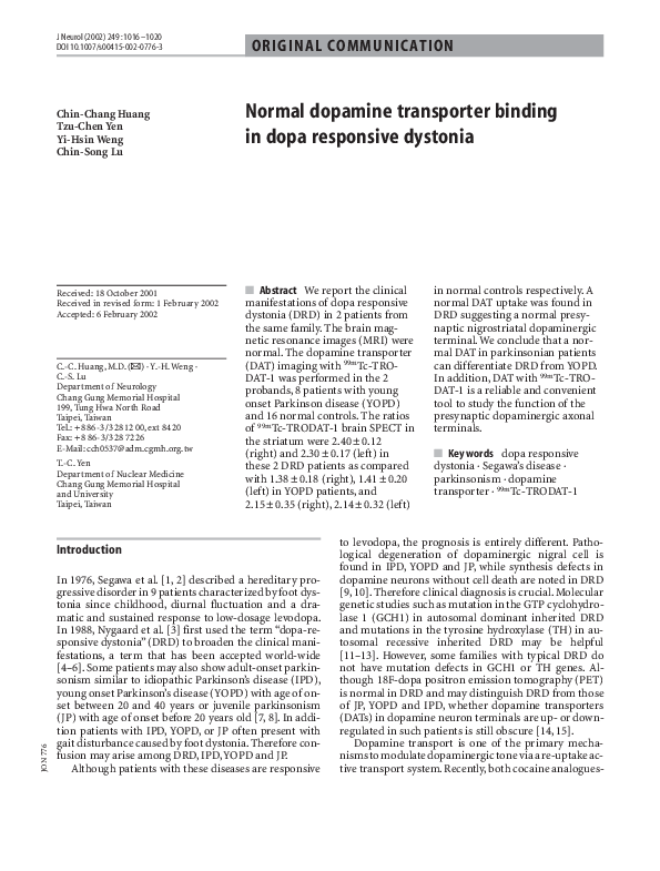 (PDF) Normal dopamine transporter binding in dopa responsive dystonia