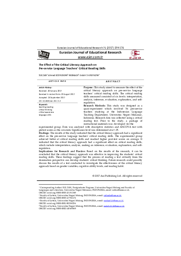 (PDF) The Effect of the Critical Literacy Approach on Pre-service ...