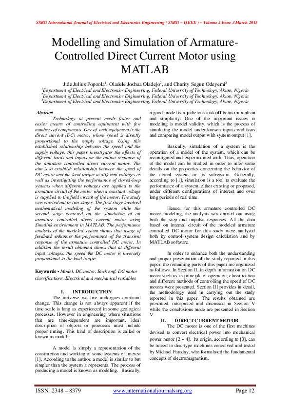 (PDF) Modelling and Simulation of Armature-Controlled Direct Current Motor using MATLAB | JOSHUA ...