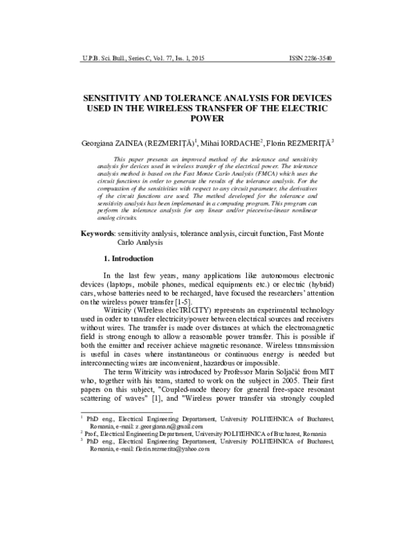 (PDF) Sensitivity and Tolerance Analysis for Devices Used in the ...