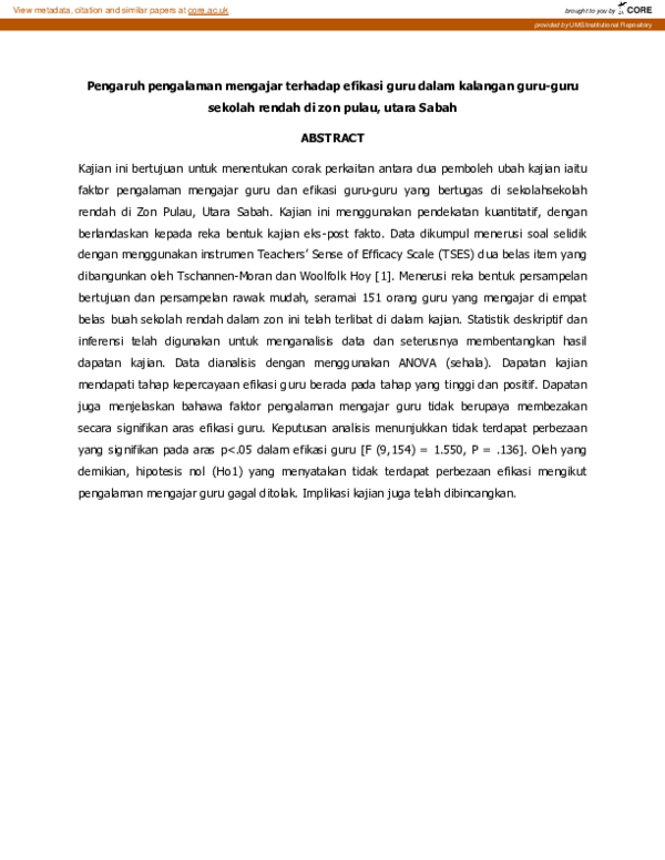 (PDF) Pengaruh pengalaman mengajar terhadap efikasi guru dalam kalangan guru-guru sekolah rendah ...