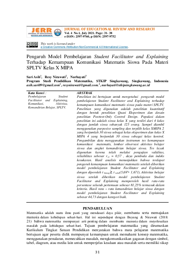 (PDF) Pengaruh Model Pembelajaran Student Facilitator and Explaining Terhadap Kemampuan ...