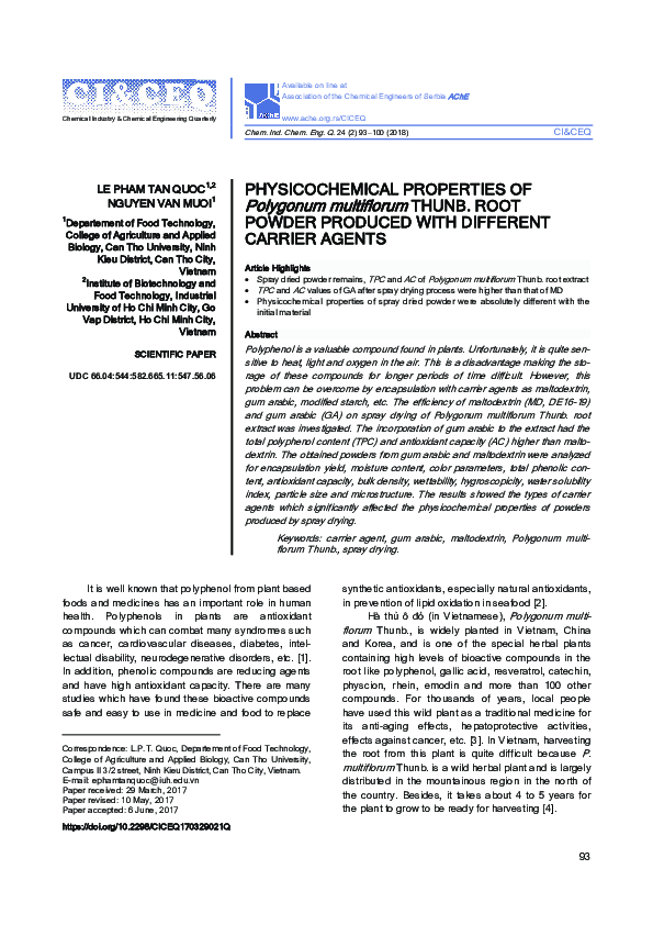 (PDF) Physicochemical properties of Polygonum multiflorum Thunb. root powder produced with ...