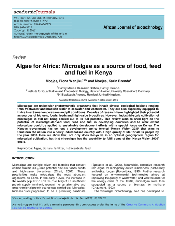 (PDF) Algae for Africa: Microalgae as a source of food, feed and fuel in Kenya