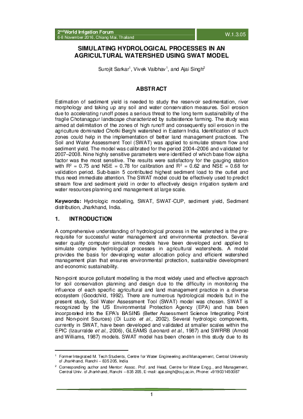 (PDF) Simulating Hydrological Processes in an Agricultural Watershed ...