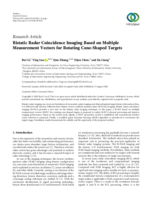 (PDF) Bistatic Radar Coincidence Imaging Based on Multiple Measurement Vectors for Rotating Cone ...
