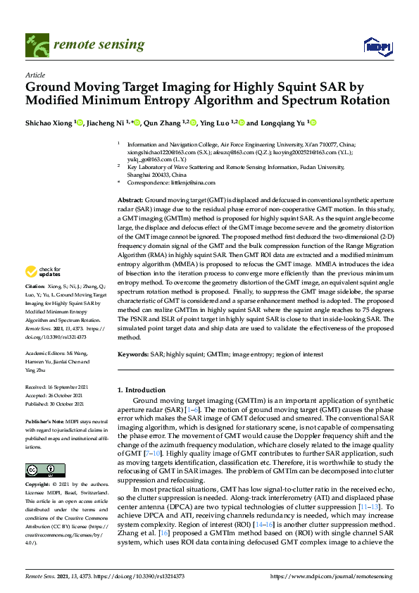Pdf Ground Moving Target Imaging For Highly Squint Sar By Modified Minimum Entropy Algorithm