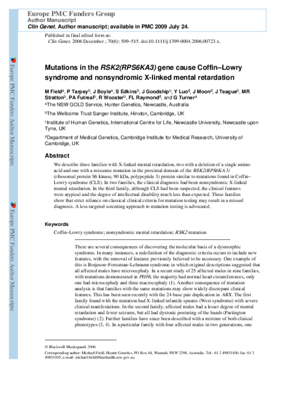 (PDF) Mutations in the RSK2(RPS6KA3) gene cause Coffin-Lowry syndrome ...