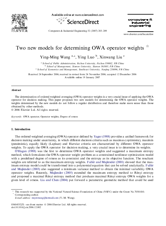 (PDF) Two new models for determining OWA operator weights | Ying Luo - Academia.edu