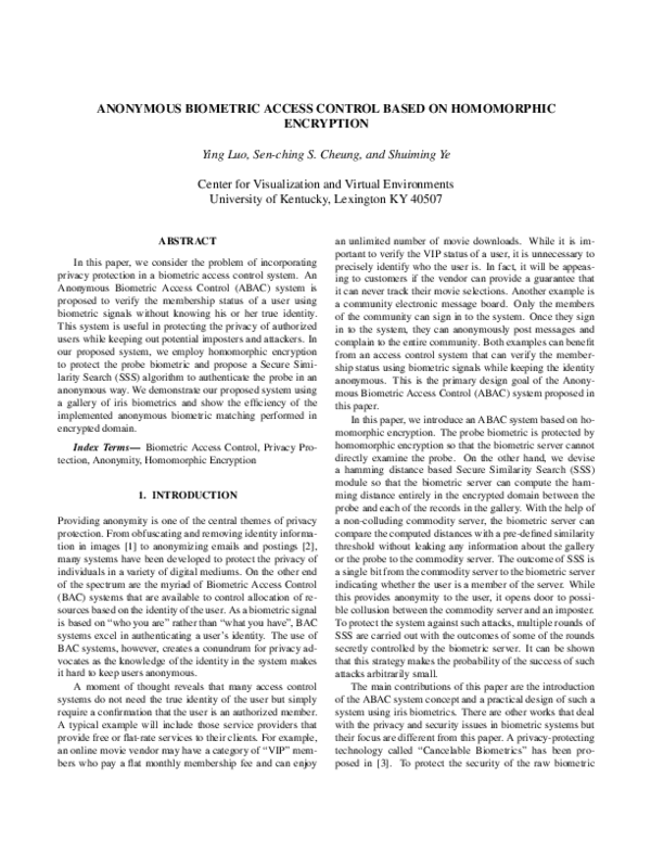 (PDF) Anonymous Biometric Access Control based on homomorphic encryption