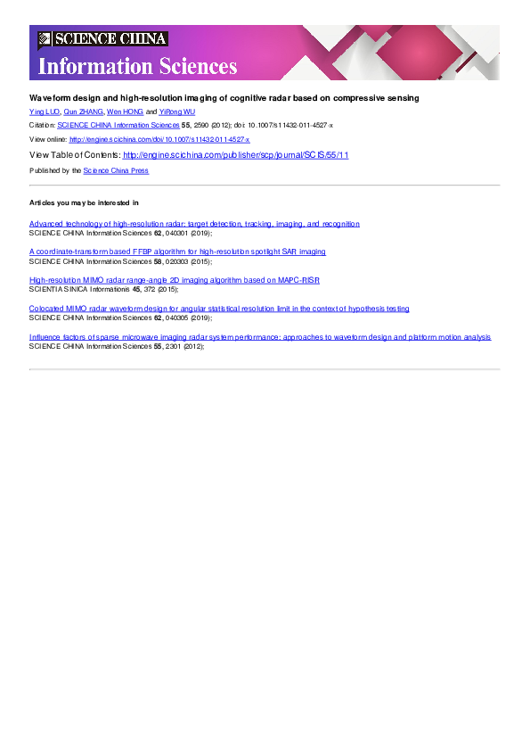 (PDF) Waveform design and high-resolution imaging of cognitive radar based on compressive sensing