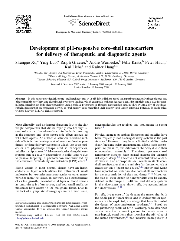 (PDF) Development of pH-responsive core–shell nanocarriers for delivery of therapeutic and ...