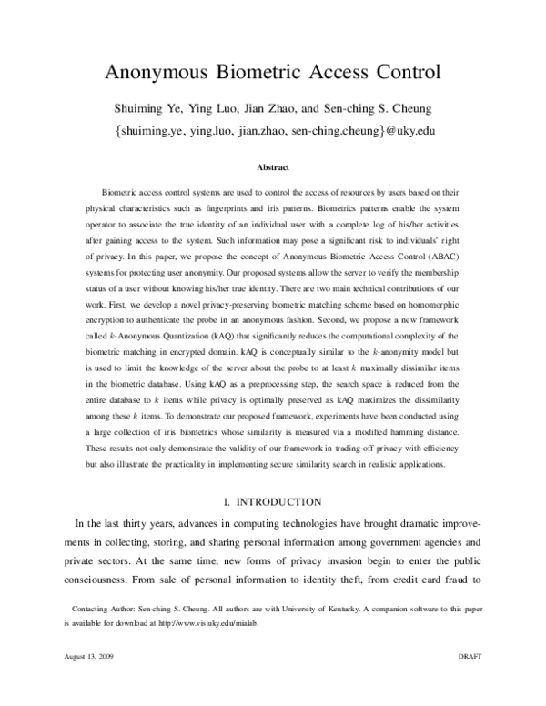 (PDF) Anonymous Biometric Access Control