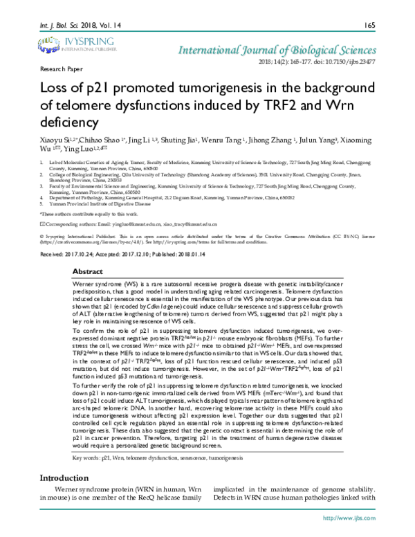 (PDF) Loss of p21 promoted tumorigenesis in the background of telomere ...