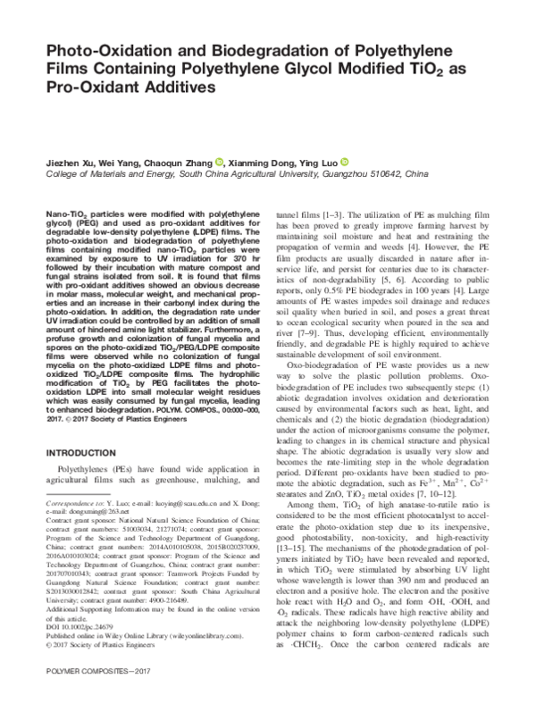 (PDF) Photo-oxidation and biodegradation of polyethylene films ...
