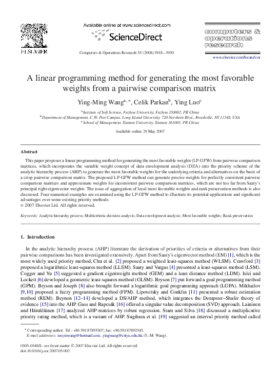 (PDF) A linear programming method for generating the most favorable weights from a pairwise ...