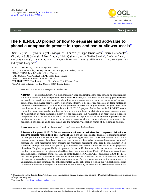 (PDF) The PHENOLEO project or how to separate and add-value to phenolic ...