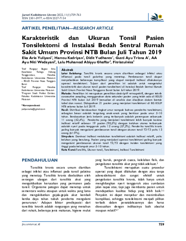 (PDF) Karakteristik Dan Ukuran Tonsil Pasien Tonsilektomi DI Instalsi ...