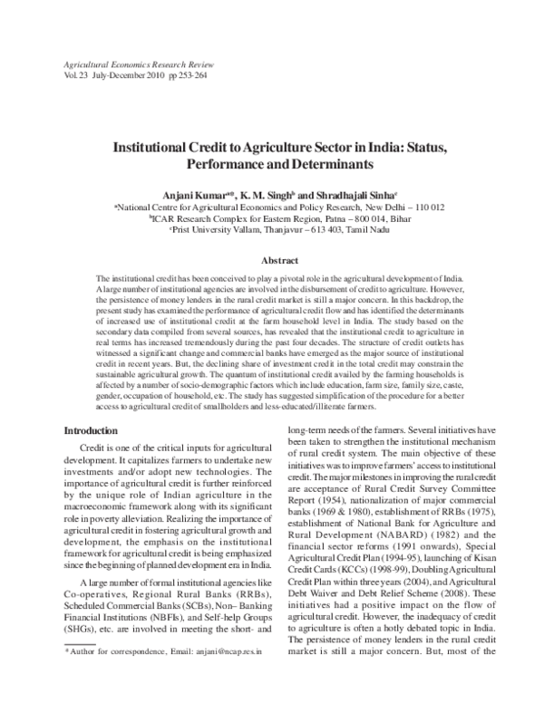 (PDF) Institutional Credit to Agriculture Sector in India: Status ...