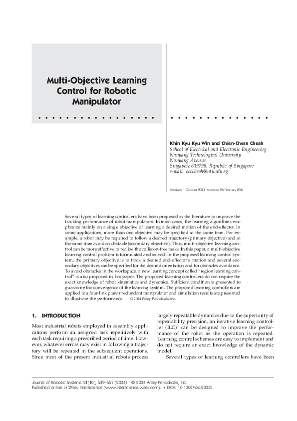 (PDF) Multi-objective learning control for robotic manipulator