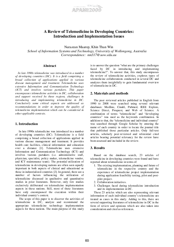(PDF) A review of telemedicine in developing countries: Introduction and implementation issues