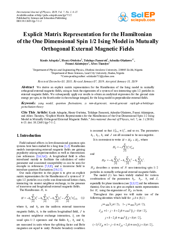 (PDF) Explicit Matrix Representation for the Hamiltonian of the One Dimensional Spin 1/2 Ising ...