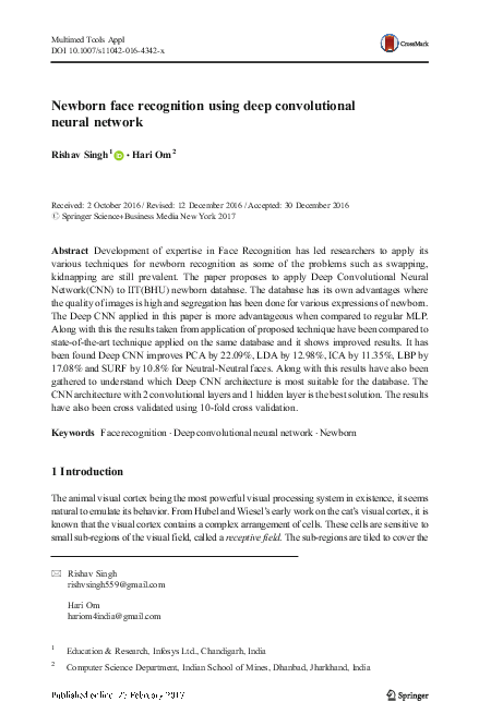 Pdf Newborn Face Recognition Using Deep Convolutional Neural Network Hari Om