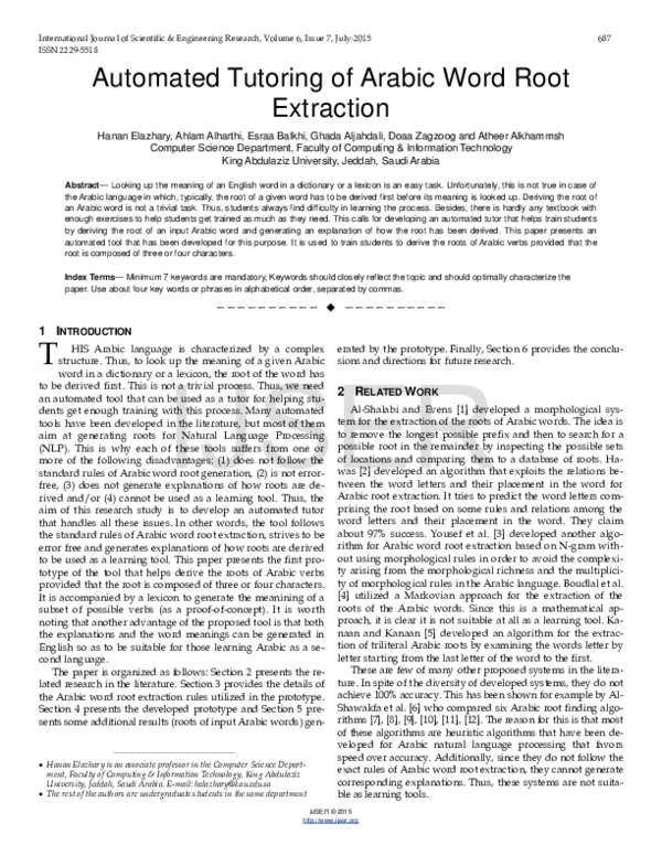 Pdf Automated Tutoring Of Arabic Word Root Extraction
