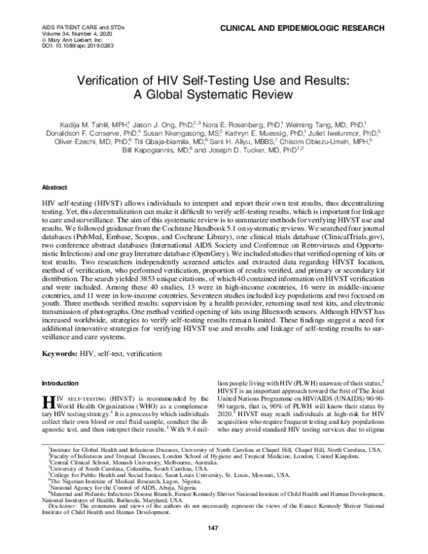 (PDF) Verification of HIV Self-Testing Use and Results: A Global ...