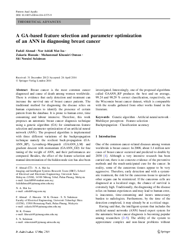 (PDF) A GA-based feature selection and parameter optimization of an ANN in diagnosing breast cancer