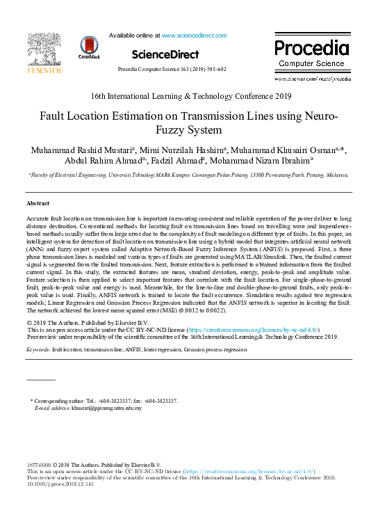 Pdf Fault Location Estimation On Transmission Lines Using Neuro Fuzzy System