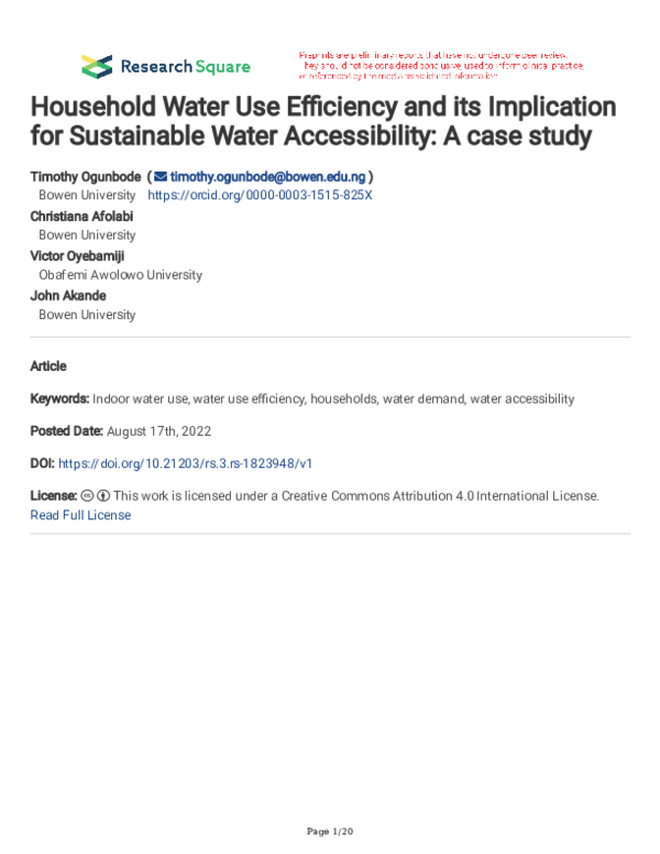 (PDF) Household Water Use Efficiency and its Implication for ...