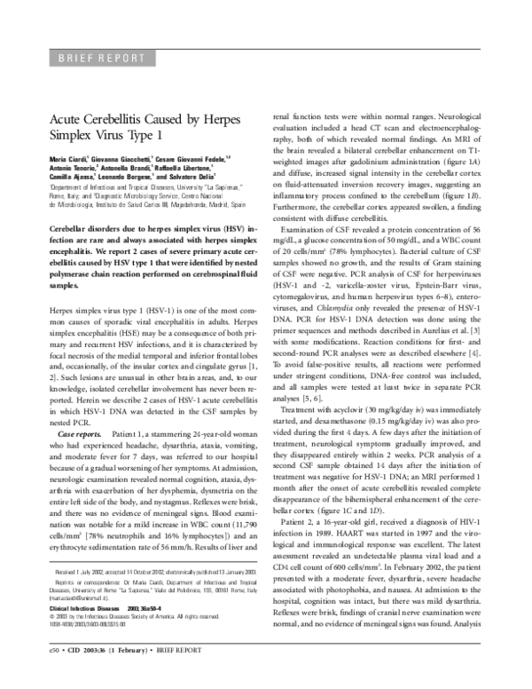 (PDF) Acute Cerebellitis Caused by Herpes Simplex Virus Type 1
