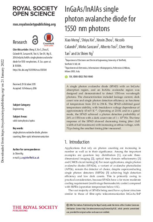 (PDF) InGaAs/InAlAs single photon avalanche diode for 1550 nm photons
