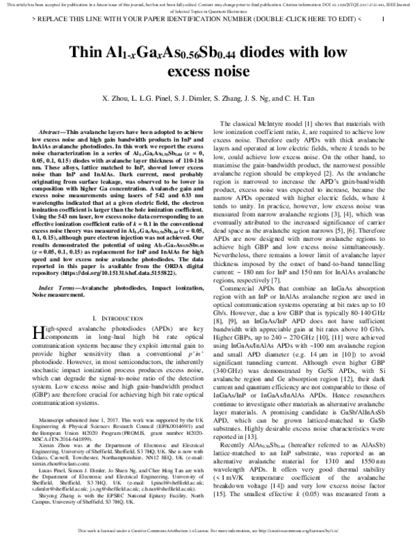 (PDF) Thin GaAsSb Diodes With Low Excess Noise | xinxin zhou - Academia.edu