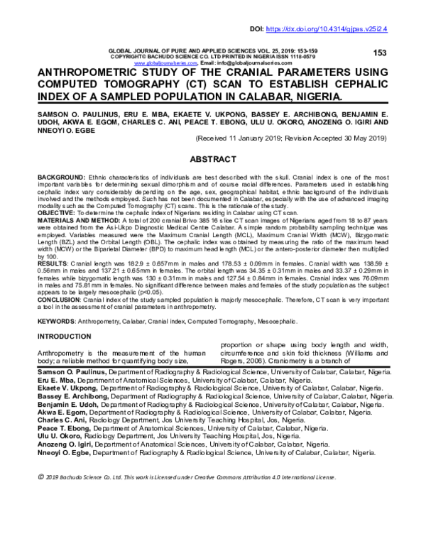 (PDF) Anthropometric study of the cranial parameters using Computed Tomography (CT) scan to ...