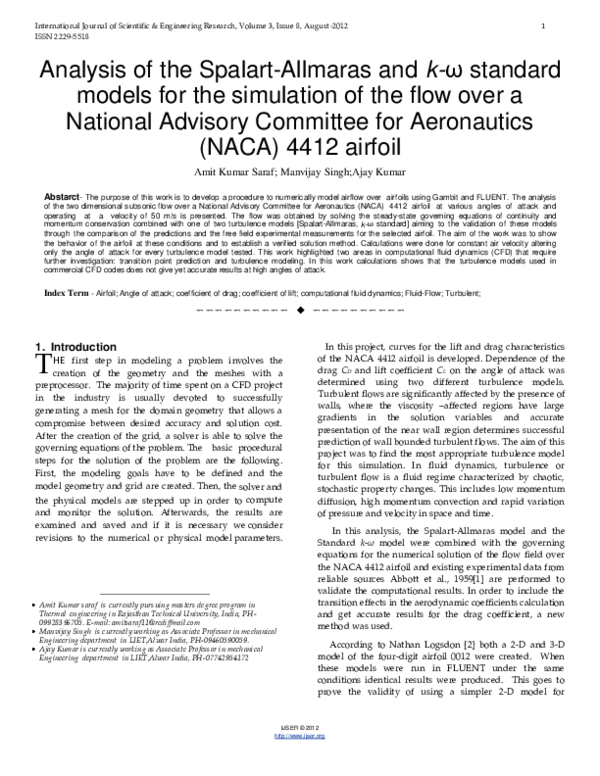 (PDF) Analysis of the Spalart-Allmaras and k-ω standard models for the ...