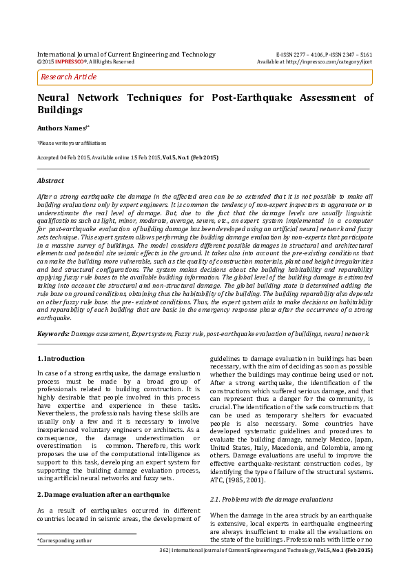 (PDF) Neural Network Techniques for Post-Earthquake Assessment of Buildings
