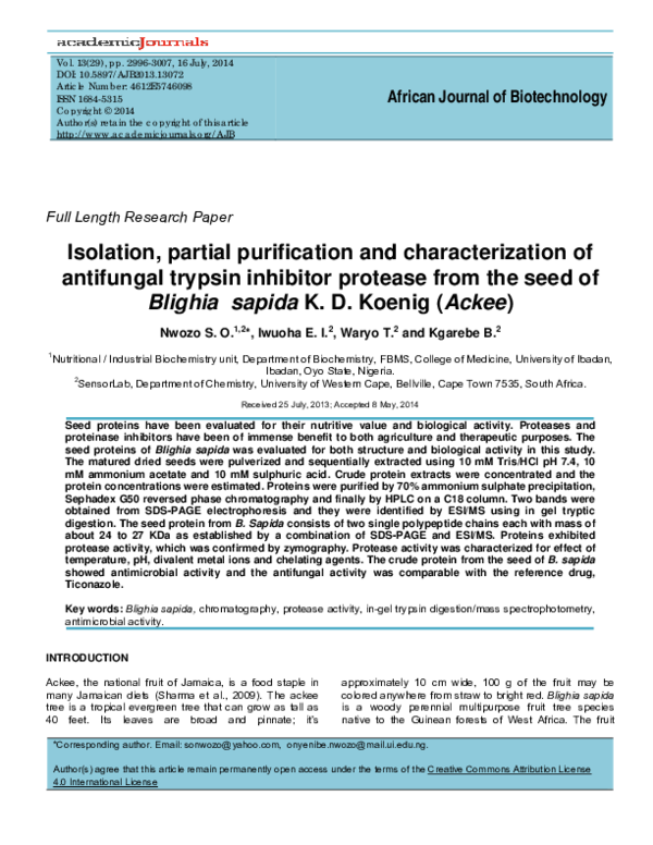 (PDF) Isolation, partial purification and characterization of antifungal trypsin inhibitor ...