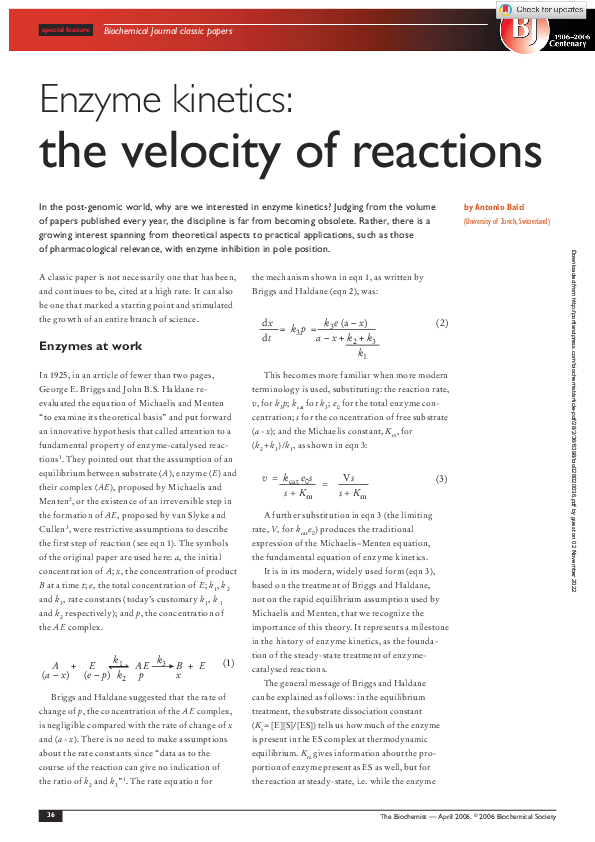 (PDF) Enzyme kinetics: the velocity of reactions