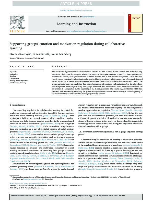 (PDF) Supporting groups’ emotion and motivation regulation during collaborative learning