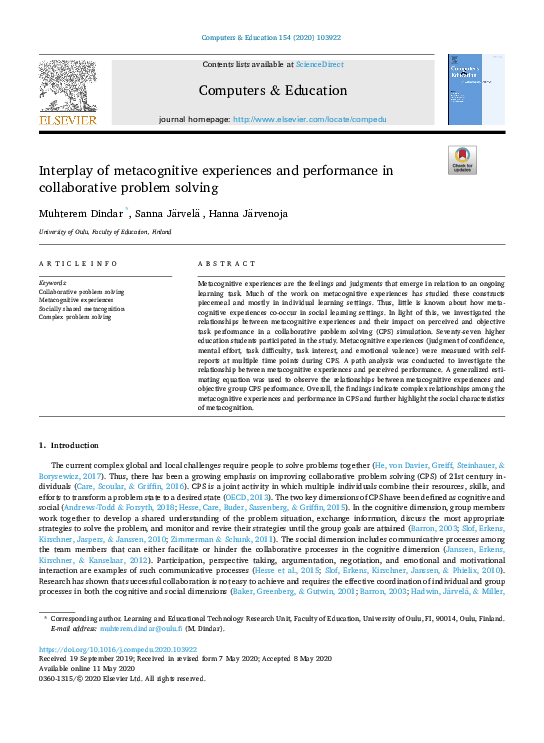 (PDF) Interplay of metacognitive experiences and performance in collaborative problem solving
