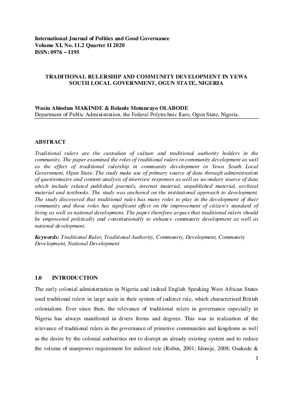 (PDF) TRADITIONAL RULERSHIP AND COMMUNITY DEVELOPMENT IN YEWA SOUTH ...